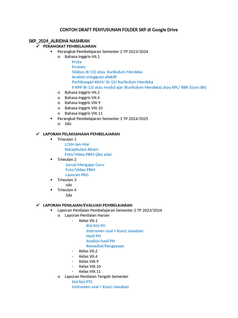 Contoh Draft Penyusunan Folder SKP Di Google Drive | PDF