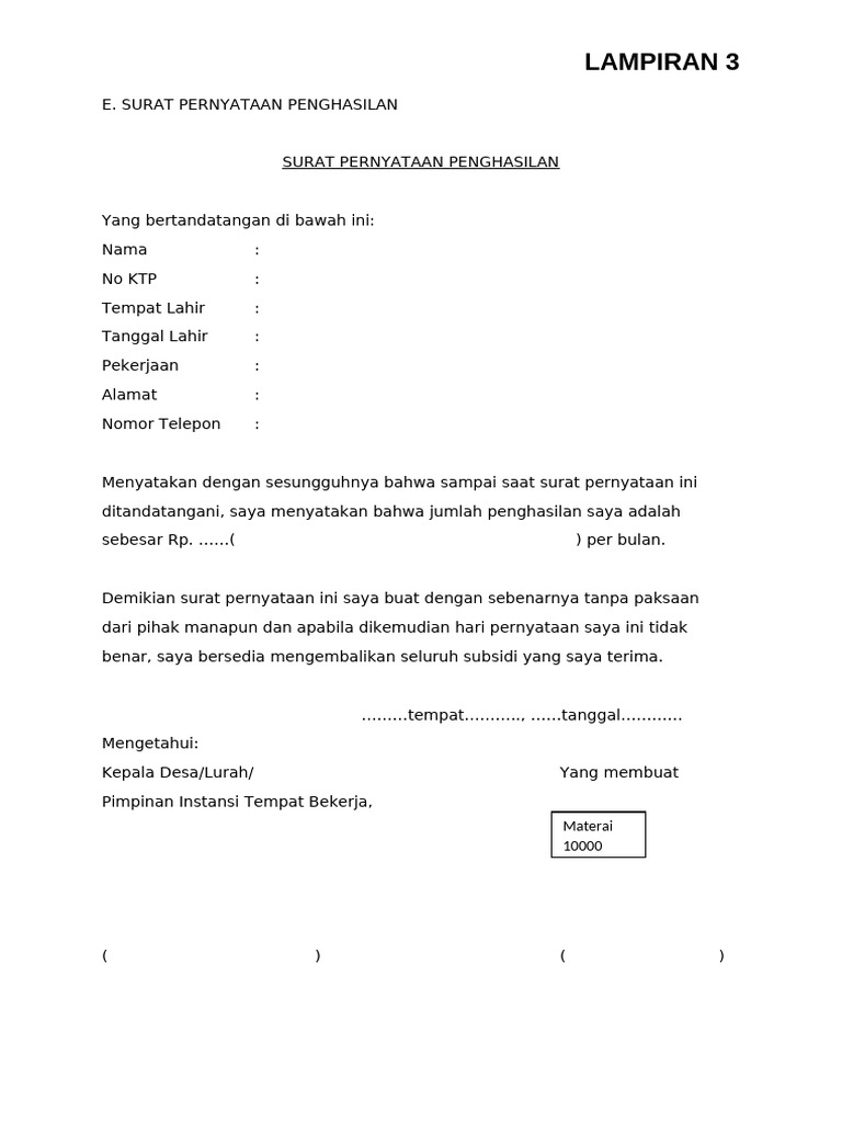 Lampiran 3 Surat Pernyataan Penghasilan | PDF