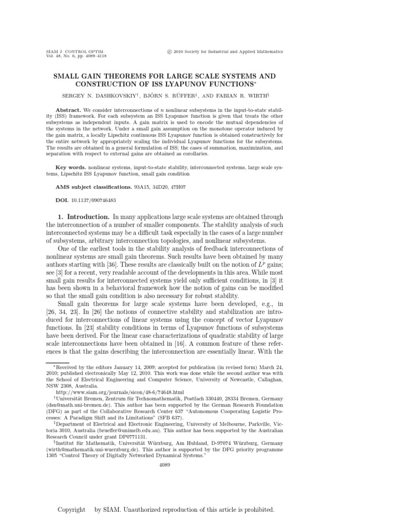 Small Gain Theorems For Large Scale Systems and Construction of Iss Lyapunov Functions | PDF ...
