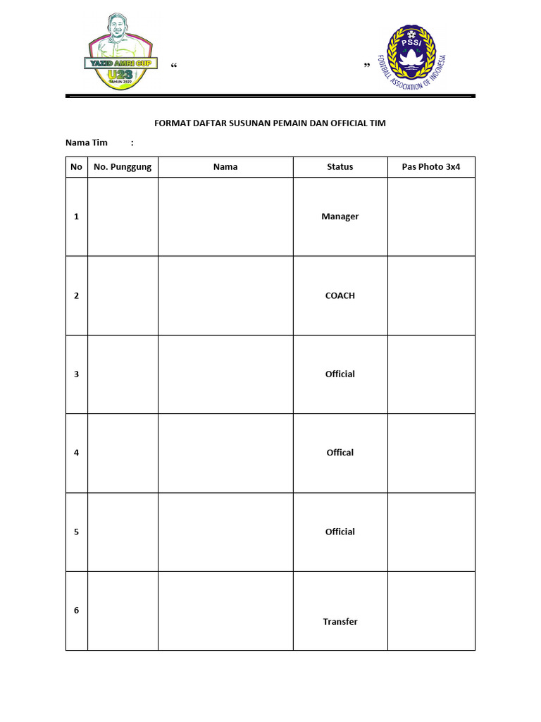 Format Daftar Susunan Pemain Dan Official Tim | PDF