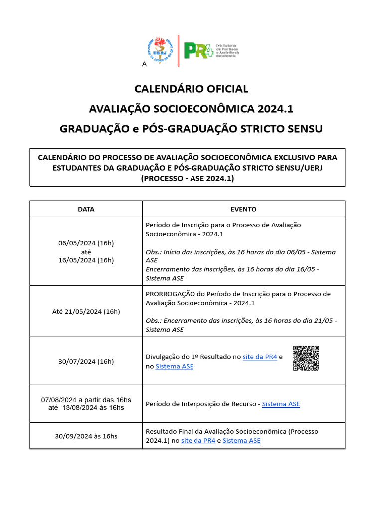 Calendário ASE 2024.1 UERJ | PDF | Negócios