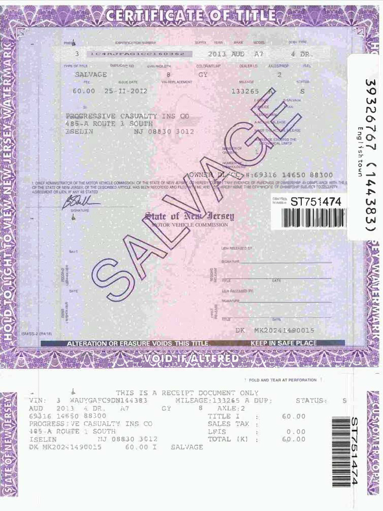 Salvage Receipt for 2013 Audi A7 | PDF