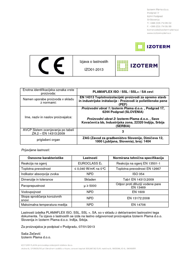 Plamaflex Izjava o Lastnostih | PDF