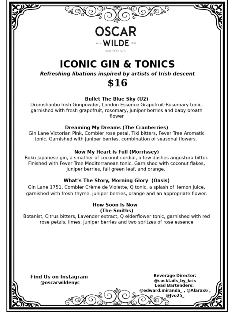 Iconic Gin & Tonics: Refreshing Libations Inspired by Artists of Irish Descent | PDF