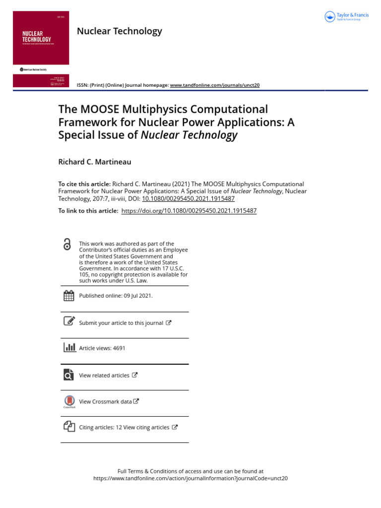 The MOOSE Multiphysics Computational Framework For Nuclear Power Applications A Special Issue of ...