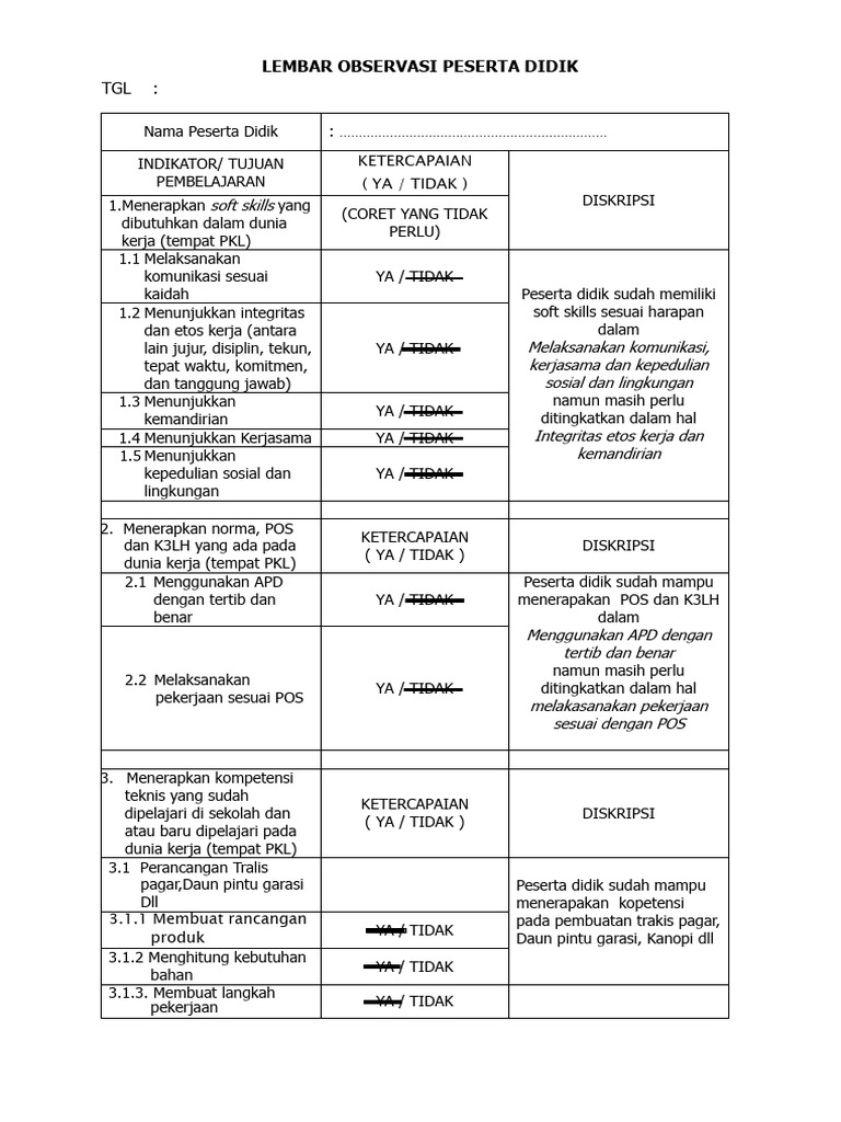 Contoh Pengisian Lembar Observasi Peserta Didik | PDF