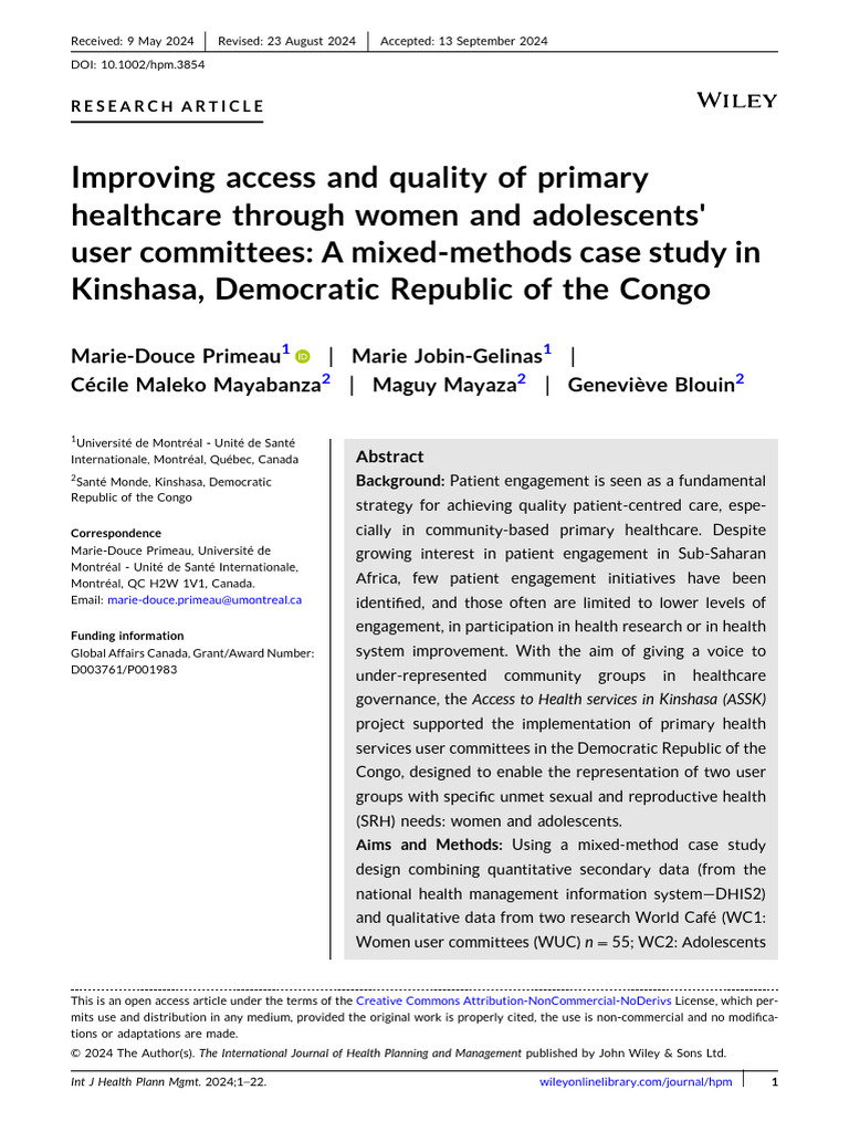 Health Planning Management - 2024 - Primeau - Improving Access and Quality of Primary Healthcare ...
