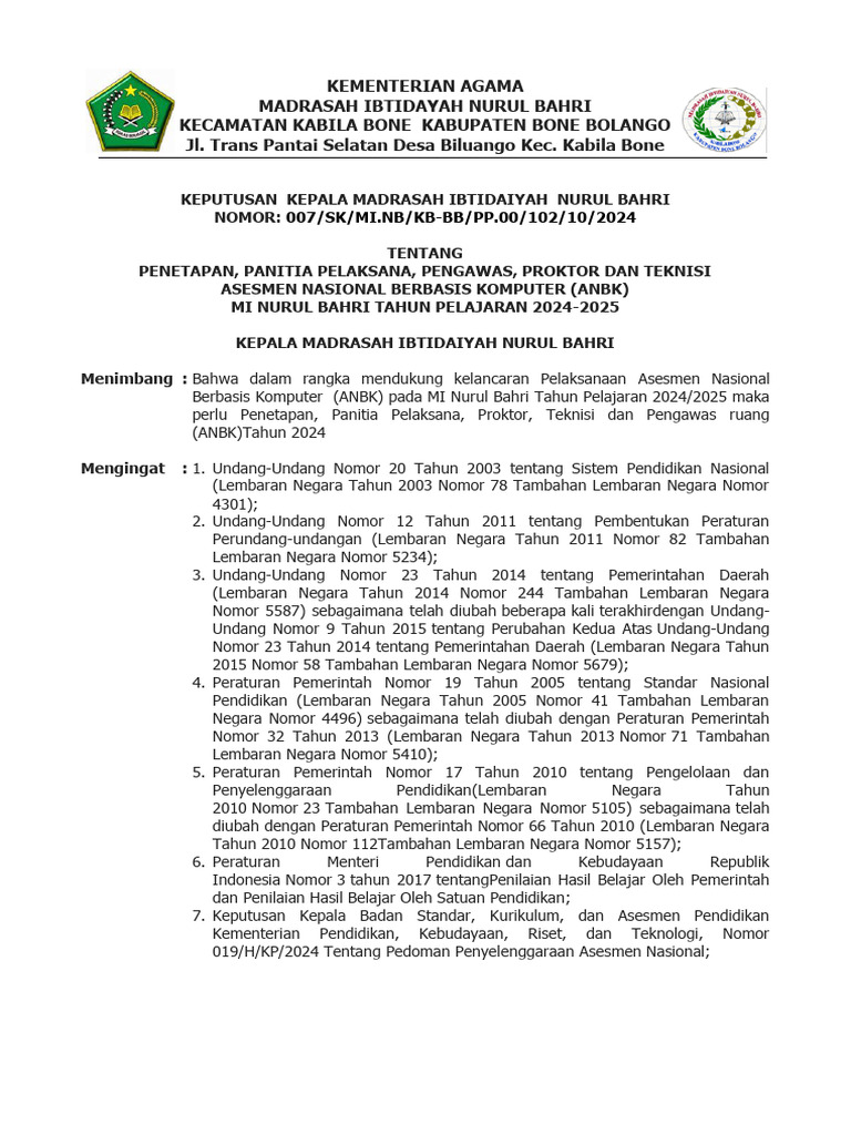 SK Panitia Pengawas Proktor Dan Teknisi ANBK | PDF