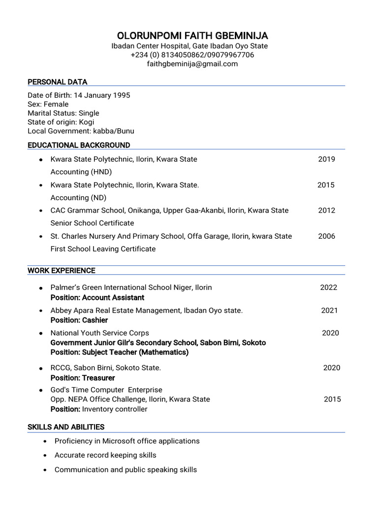 Olorunpomi Faith CV Ibadan | PDF