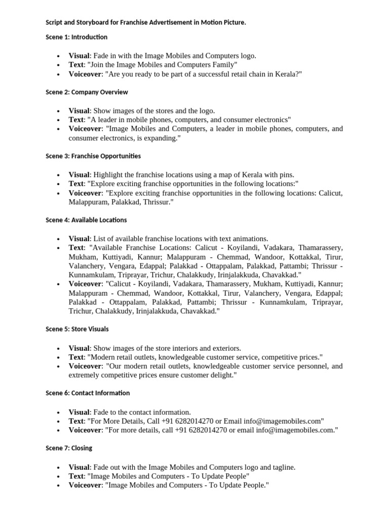 Script and Storyboard For Franchise Advertisement in Motion Picture ...