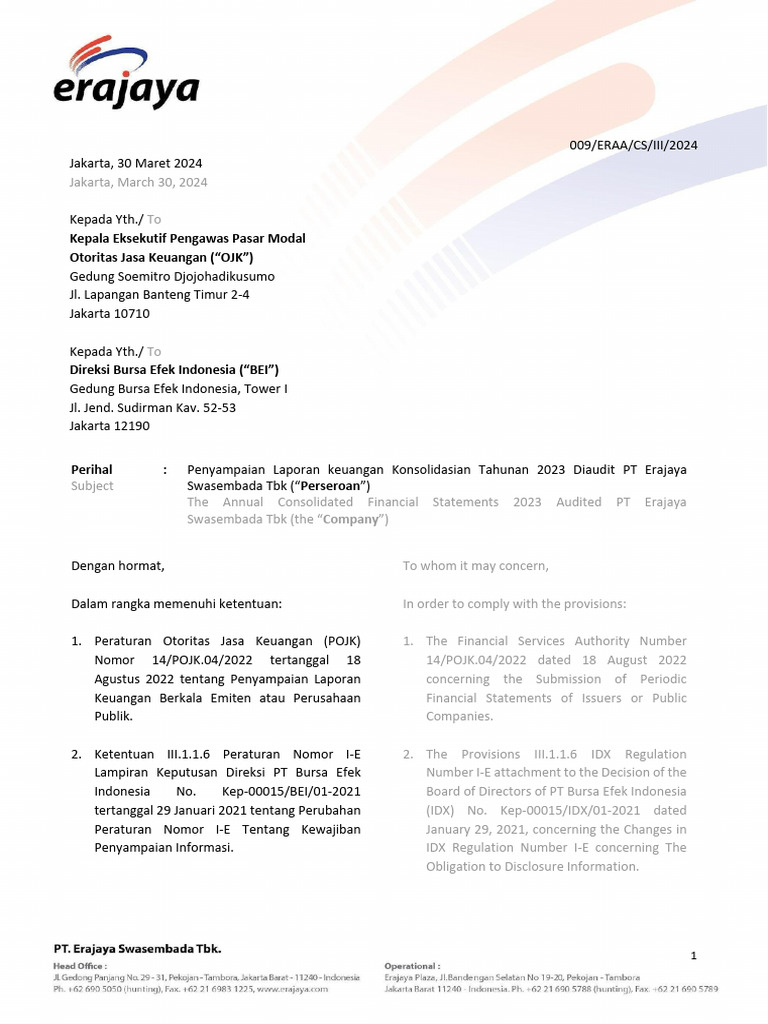 ERAA 1.2 - Pengantar Penyampaian LKT 2023 | PDF | Equity Securities | Private Sector