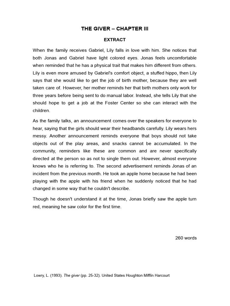 The Giver Chapter 3 Summary | PDF
