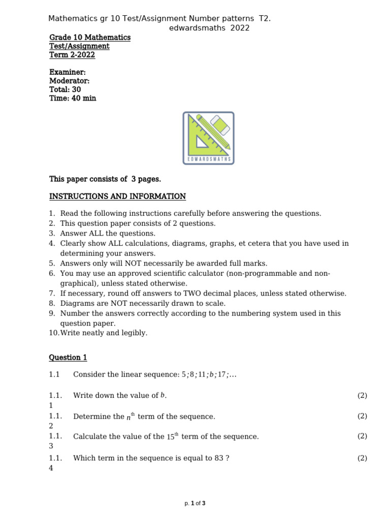 GR 10 Edwardsmaths Test or Assignment Number Patterns T2 2022 Eng | PDF ...