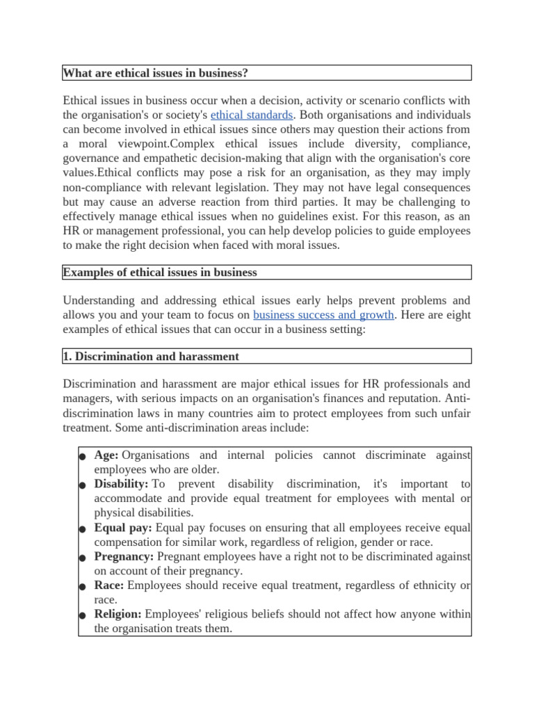 Key Ethical Issues in Business Practices | PDF | Employment ...
