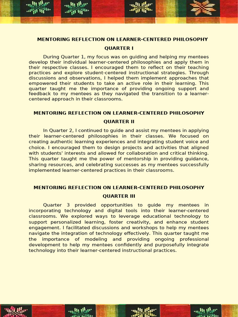 Mentoring Reflection On Learner Centered Philosophy Mti Iv Sample | PDF ...