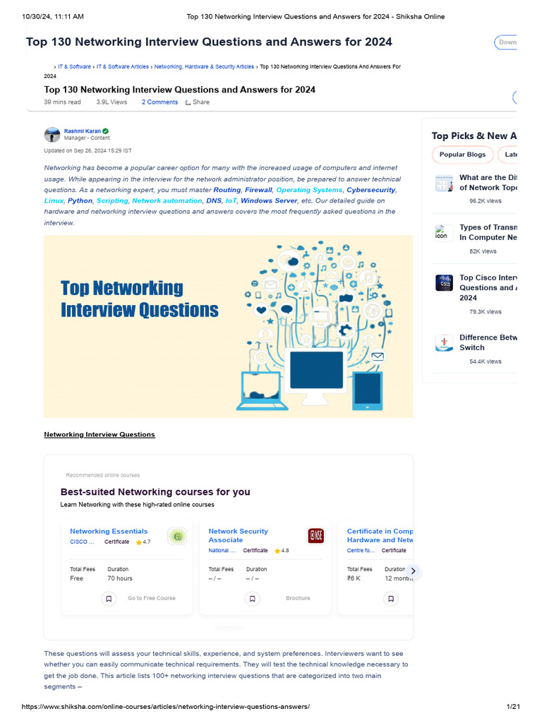 Top 130 Networking Interview Questions and Answers For 2024 - Shiksha Online | PDF | Computer ...