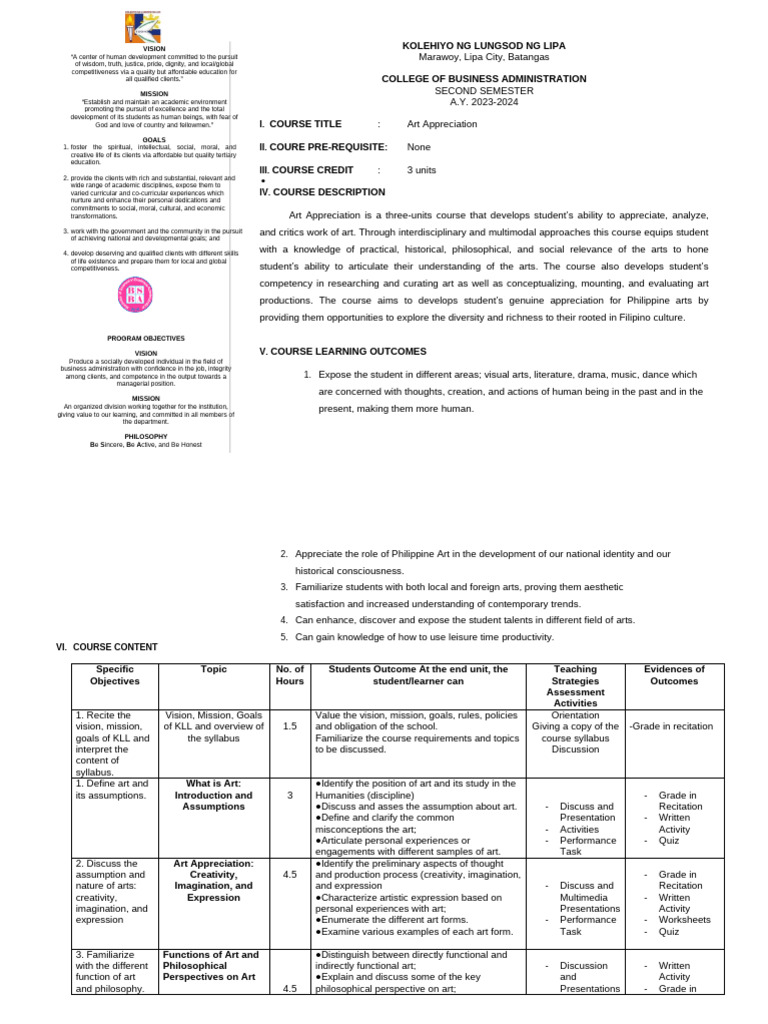 Ge 106 Art Appreciation Syllabus - Second Semester - A.Y. 2023 2024 ...