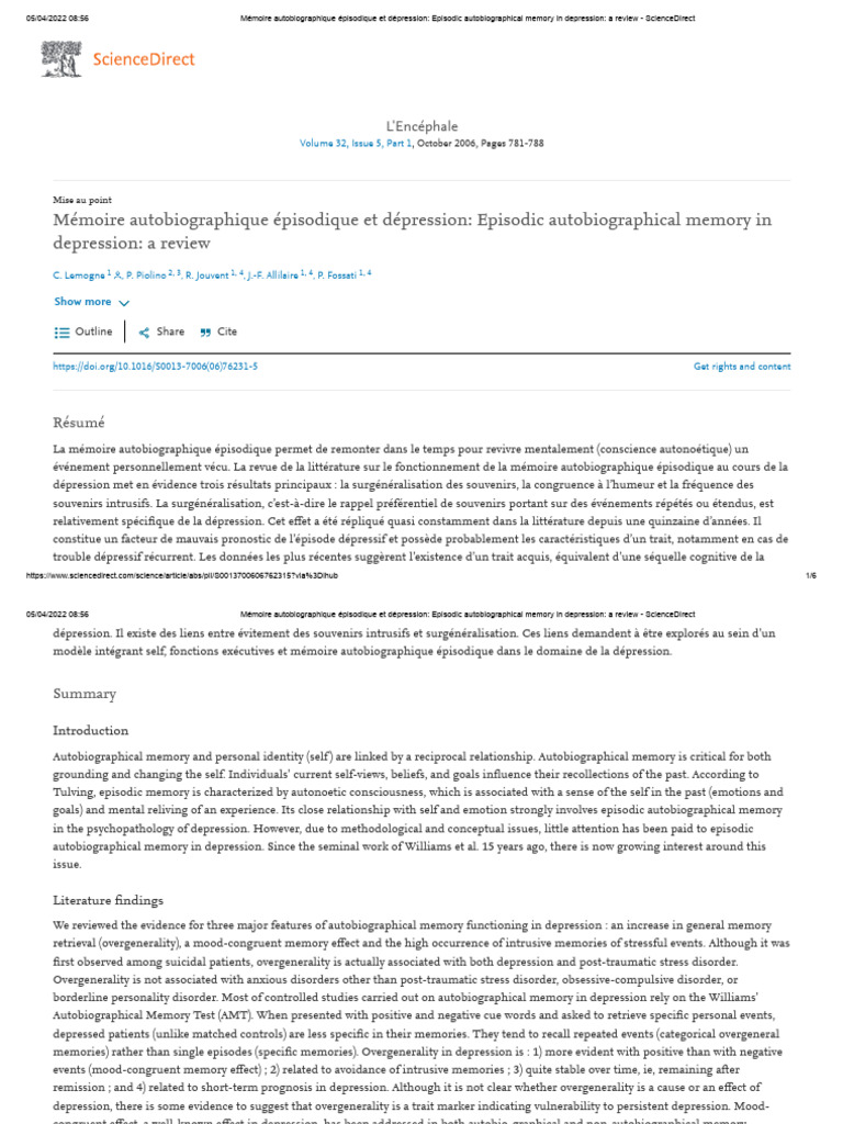 Mémoire Autobiographique Épisodique Et Dépression - Episodic ...