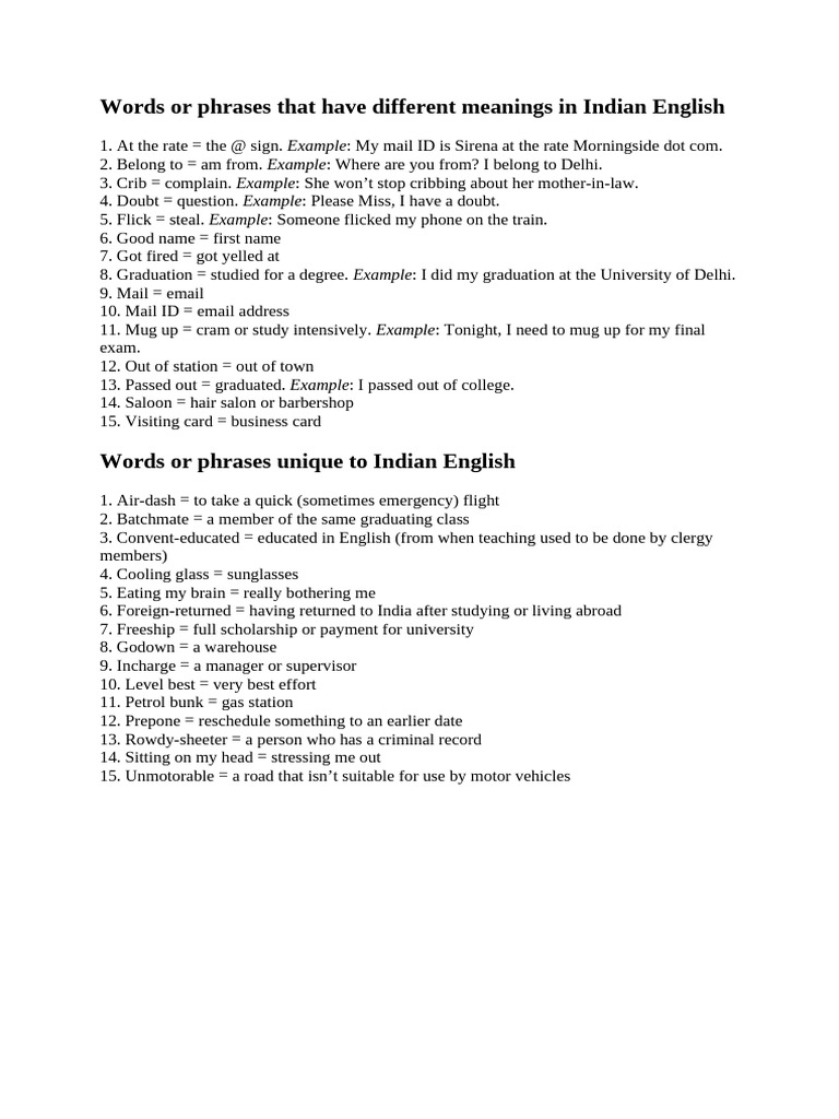 Indian English: Unique Phrases | PDF | Home & Garden