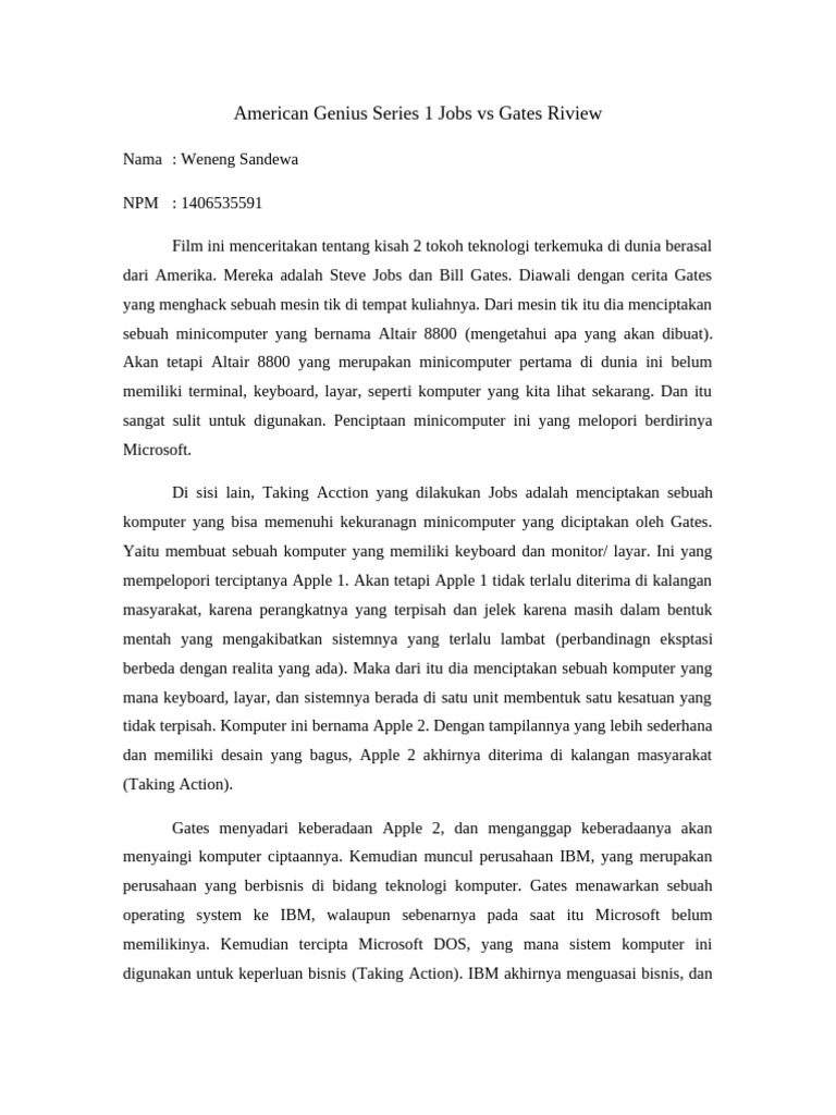 American Genius Series 1 Jobs Vs Gates Riview | PDF | Teknologi & Rekayasa