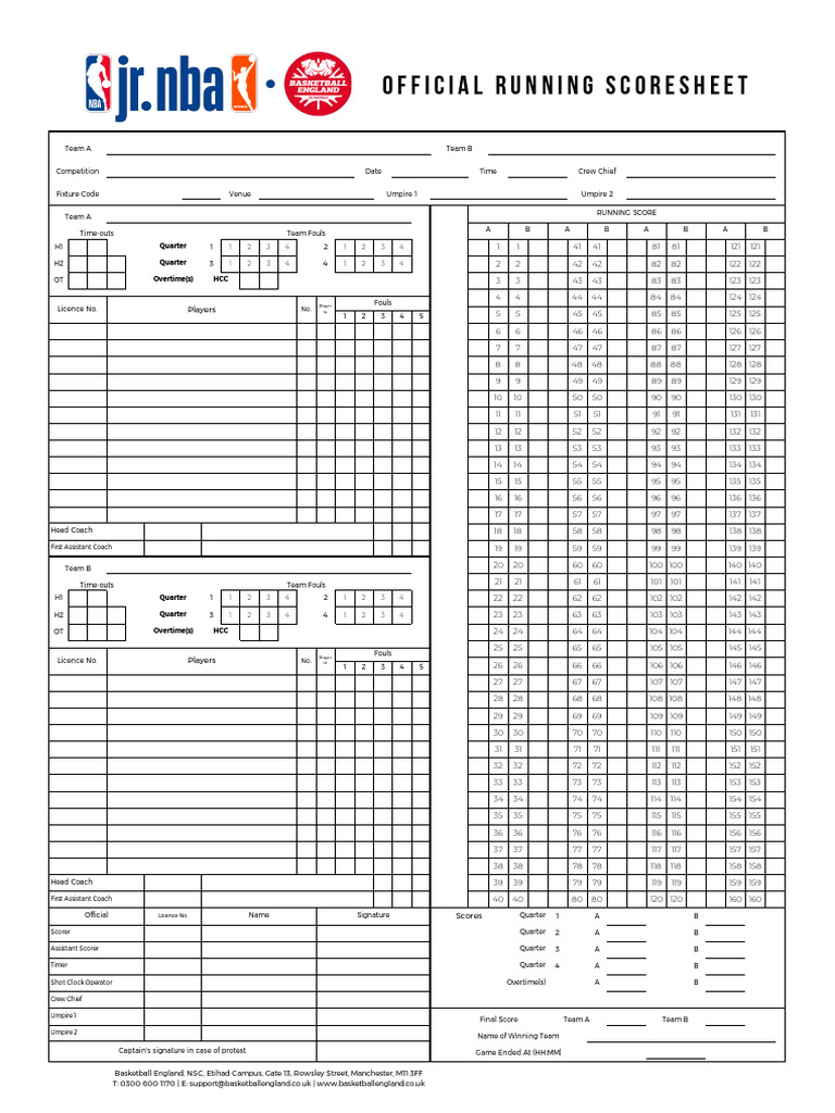 JR NBA - Official Running Scoresheet | PDF | Sports | Team Sports