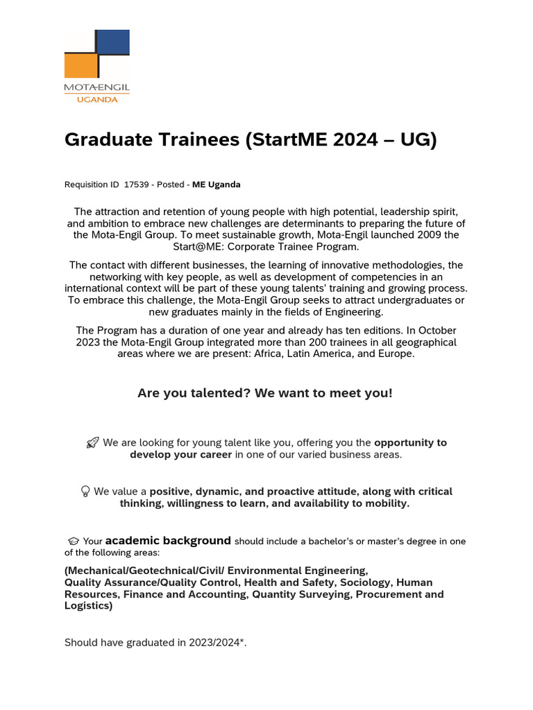 Graduate Training Program 2024 at Mota Engil Uganda | PDF | Business ...