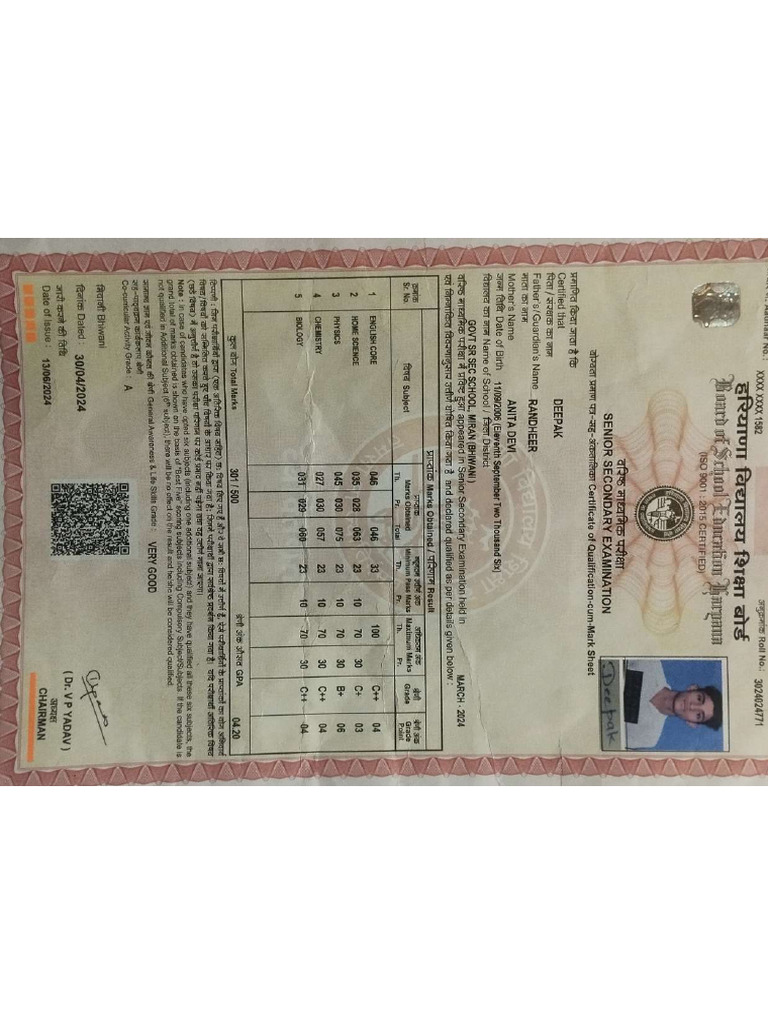 Deepak 12 TH Marks Sheet | PDF