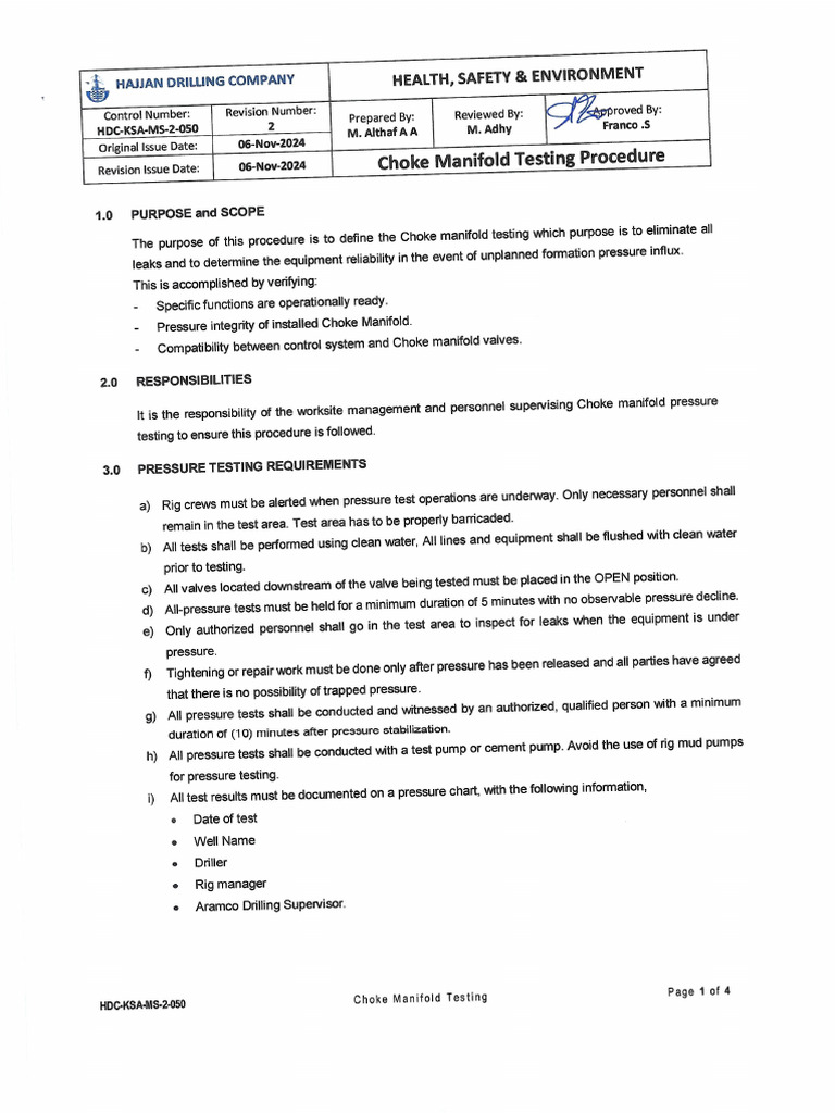 .Choke Manifold Testing Procedure Draft | PDF