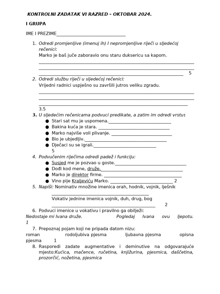 Kontrolni Zadatak Vi Razred | PDF