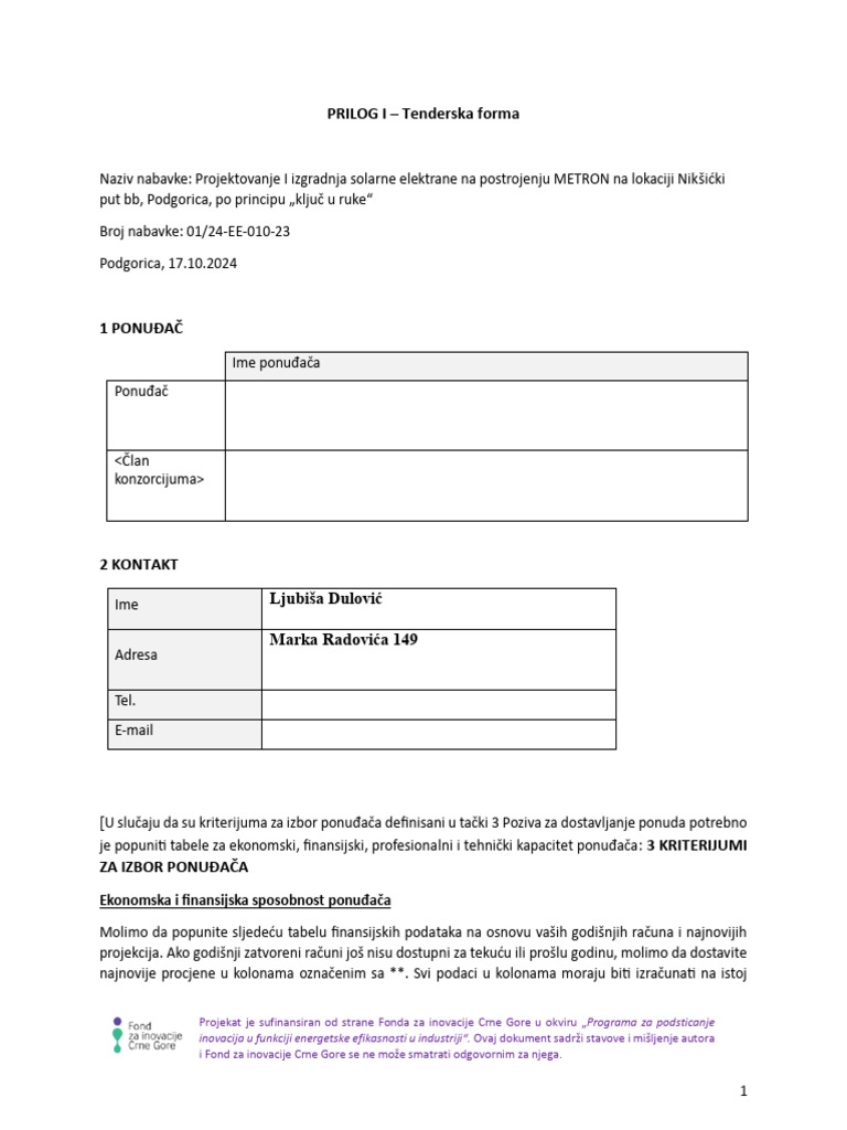 Prilog I - Tenderska Forma Metronsolar | PDF