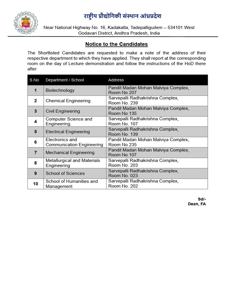 Department Location at NIT Andhra For Lecture Demonstration | PDF
