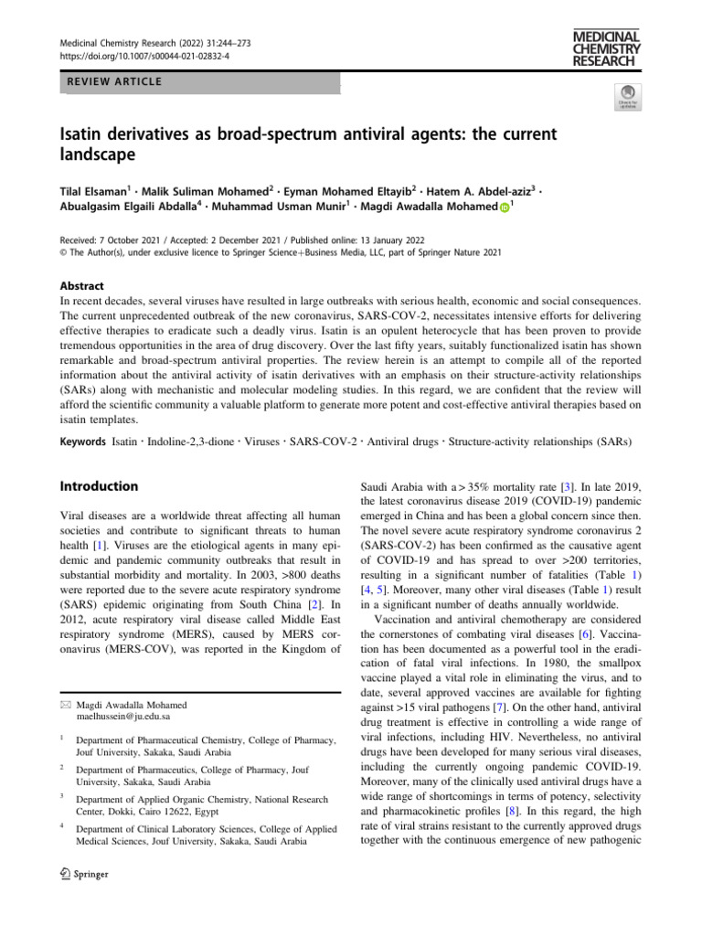 Isatin Derivatives As Broad-Spectrum Antiviral Agents: The Current ...