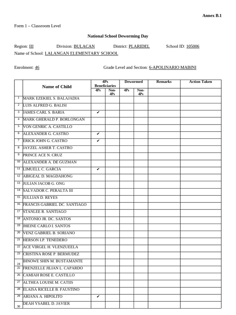 GRADE 6 Deworming Form 1 | PDF