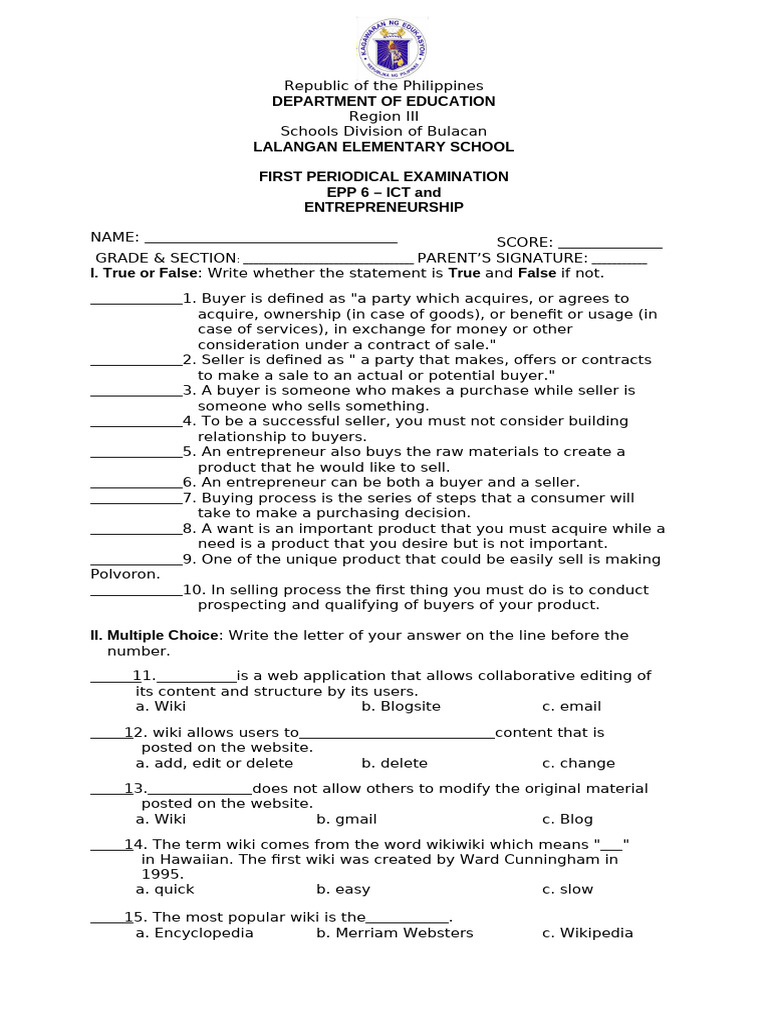 EPP 6 ICT and ENTREPRENEURSHIP FIRST PERIODICAL TEST QUESTIONS WITH ...