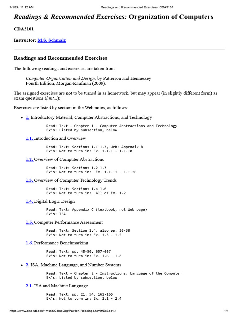 Computer Organization and Design, by Patterson and HennesseynReadings and Recommended Exercises ...