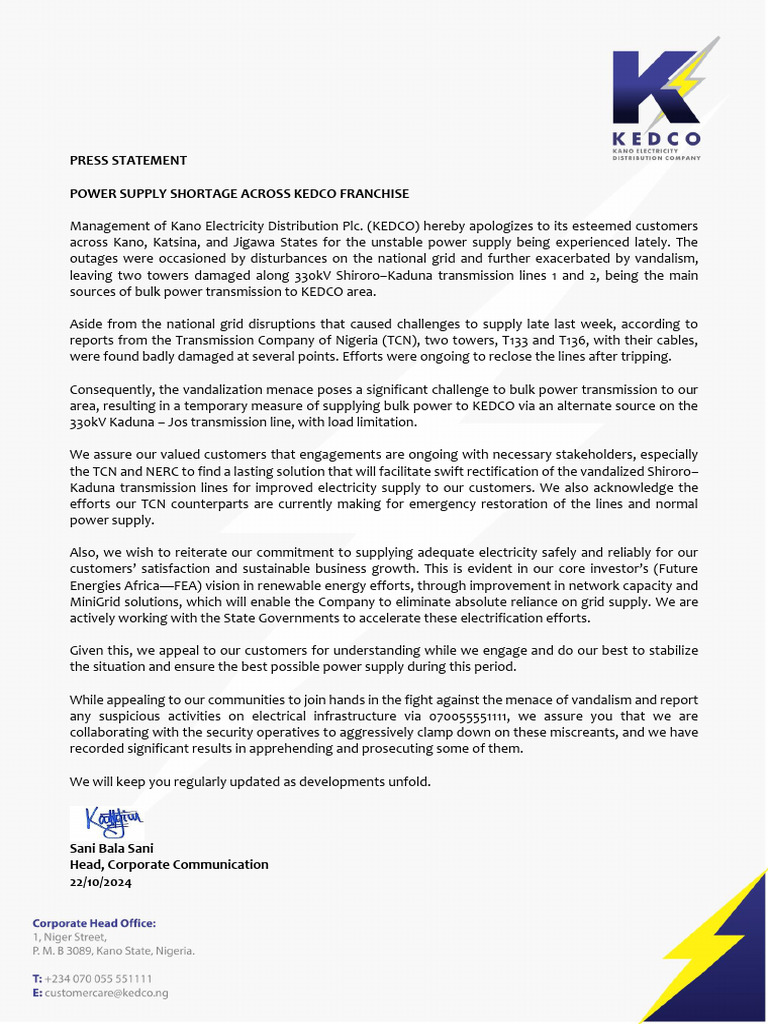 Press Statement - Power Shortage | PDF | Electrical Grid | Electrical ...