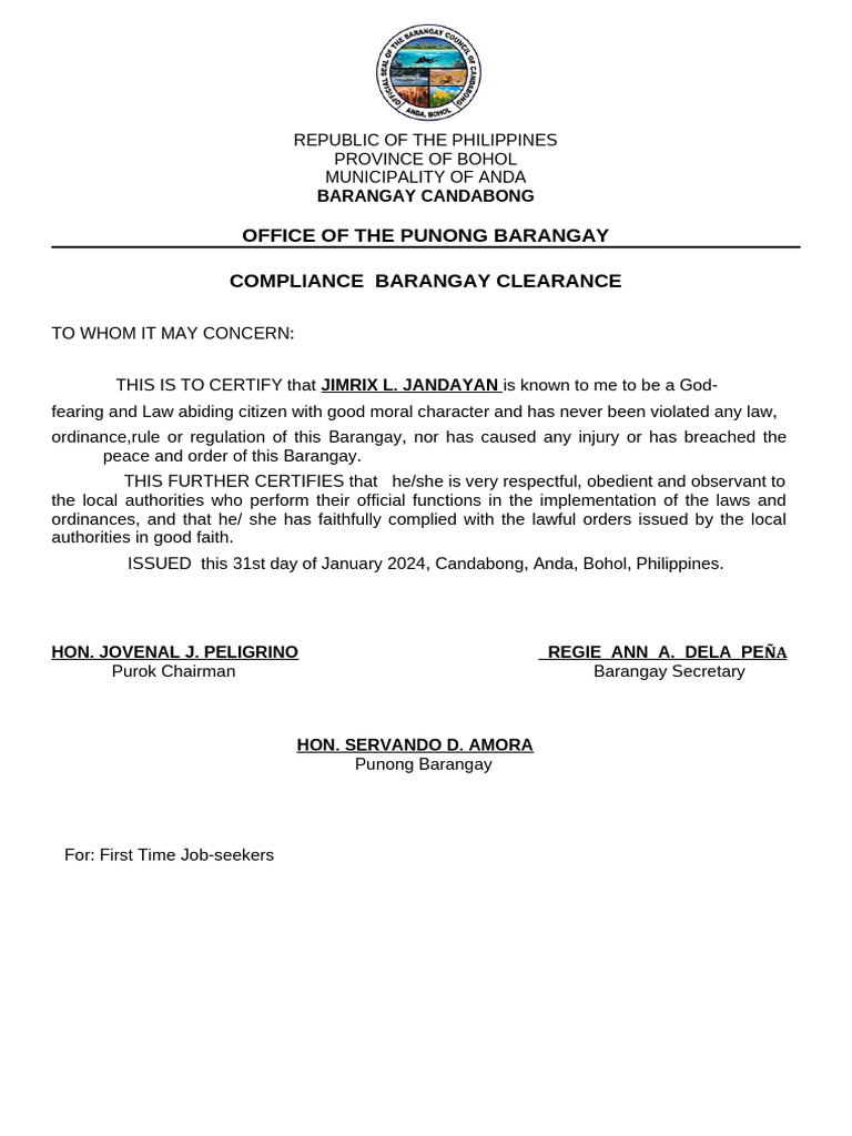 Barangay Clearance Certification for Job Seekers | PDF