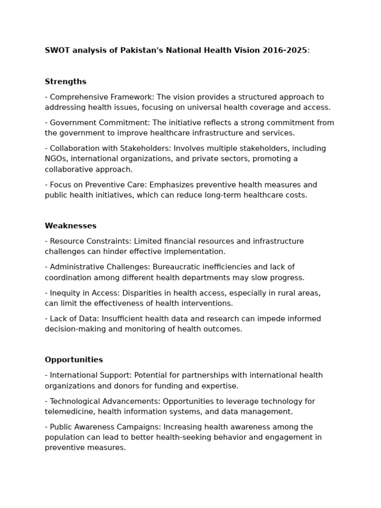 SWOT Analysis of Pakistan's National Health Vision 2016-2025 | PDF ...