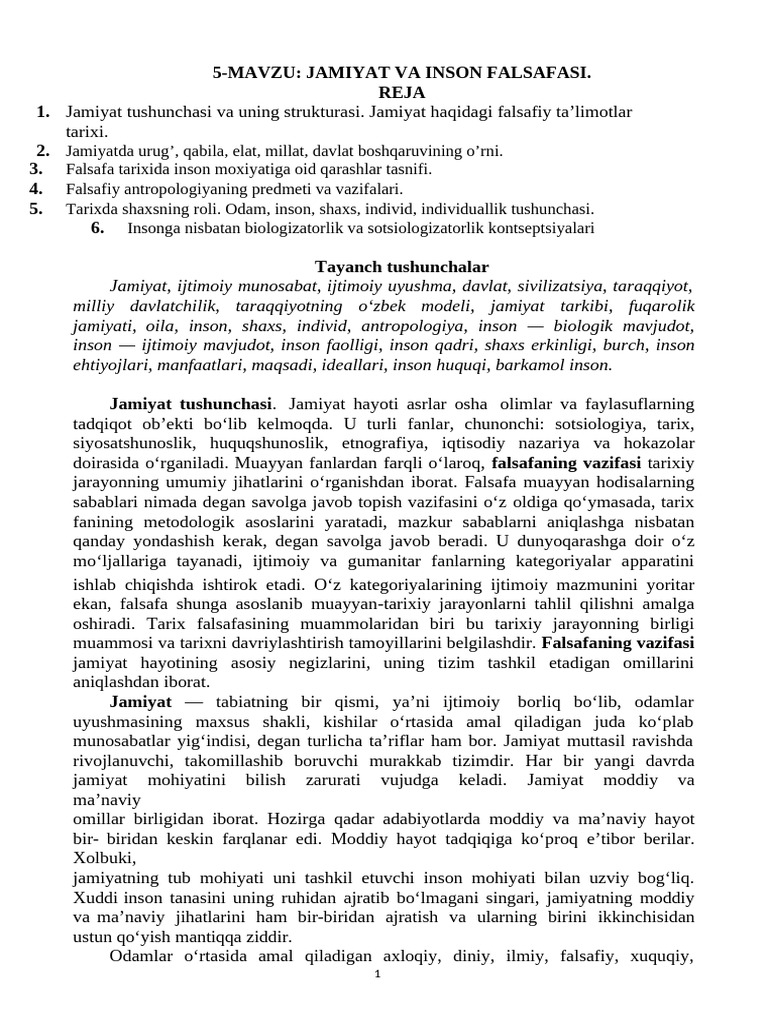 5-Mavzu. Jamiyat Va Inson Falsafasi | PDF