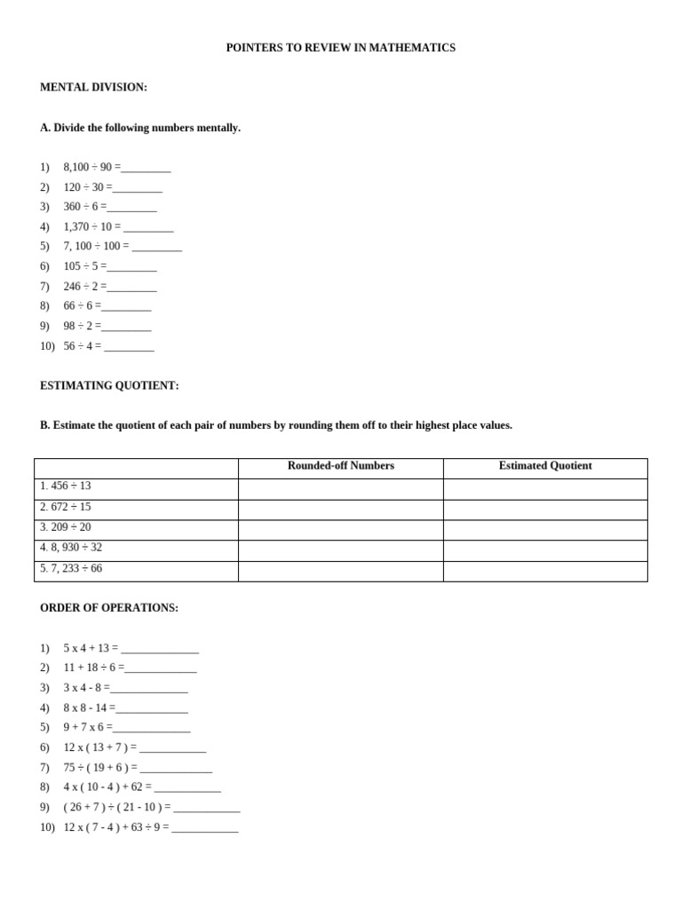POINTERS TO REVIEW IN MATHEMATICS - Docx 2nd Monthly | PDF