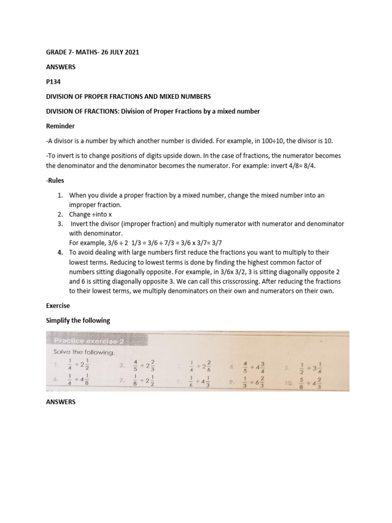 Grade 7 - Mat - 26 Jul 2021-Answers-Division of Proper Fractions ...