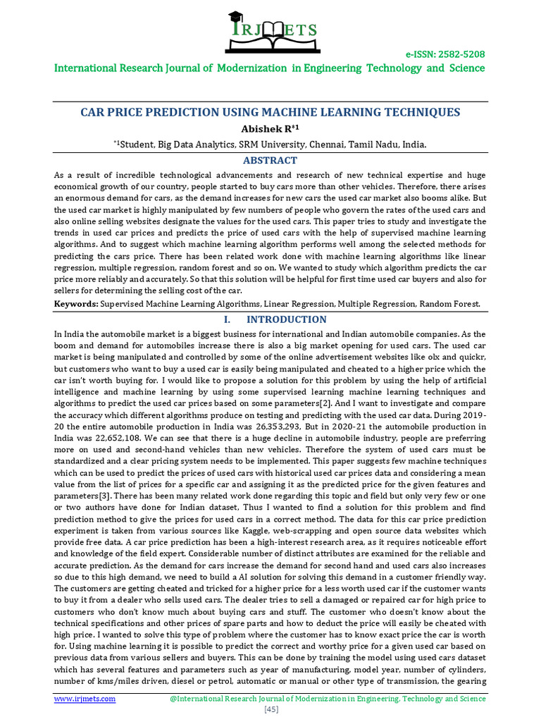 Car Price Prediction Using Ai | PDF | Machine Learning | Regression ...