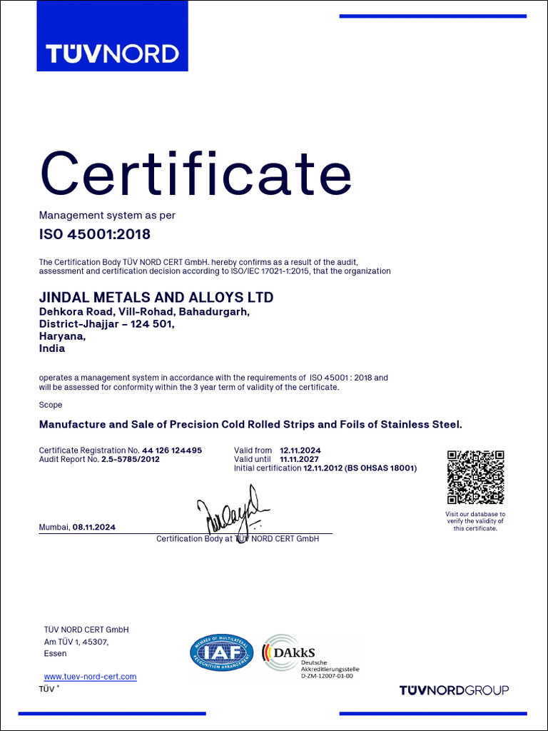 Certificate ISO 45001 | PDF
