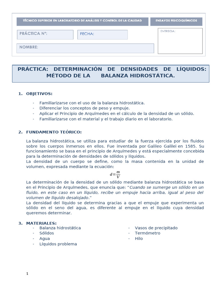 Densidad Líquidos Balanza Hidrostática (24-25) | PDF | Densidad ...