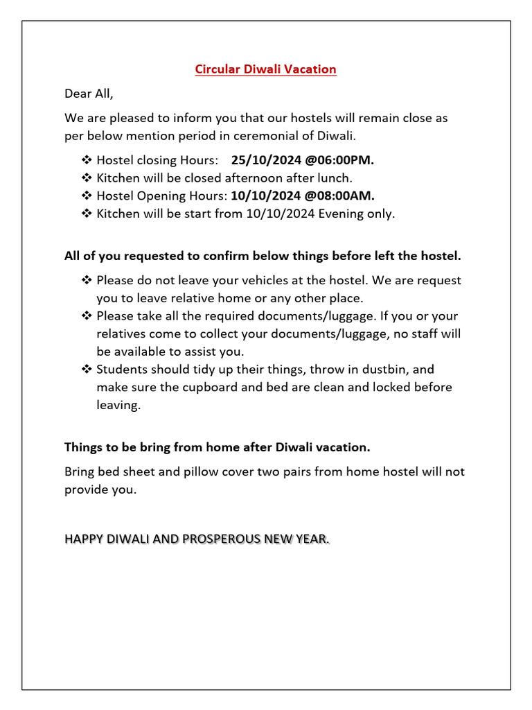 Circular Diwali Vacation 2024 | PDF | Self-Improvement