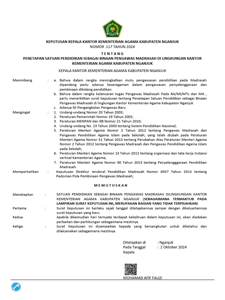 SK Penetapan Binaan Pengawas Madrasah Tte Tahun 2024 | PDF