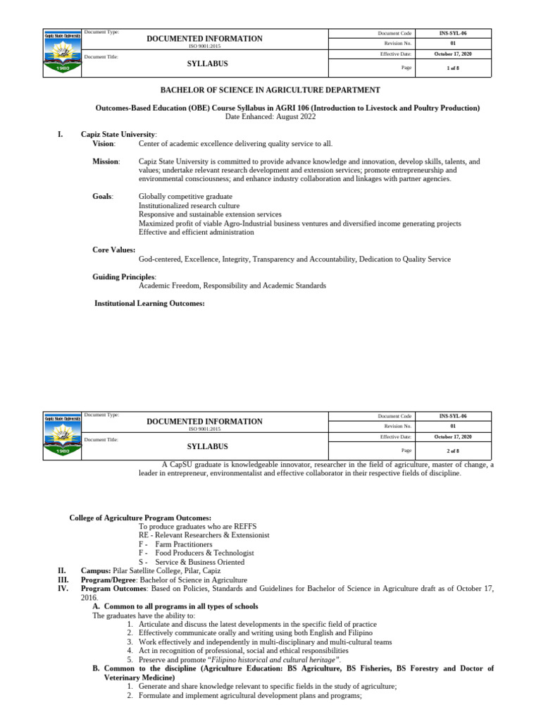 Agriculture Course Syllabus: Livestock Production | PDF | Pig | Agriculture
