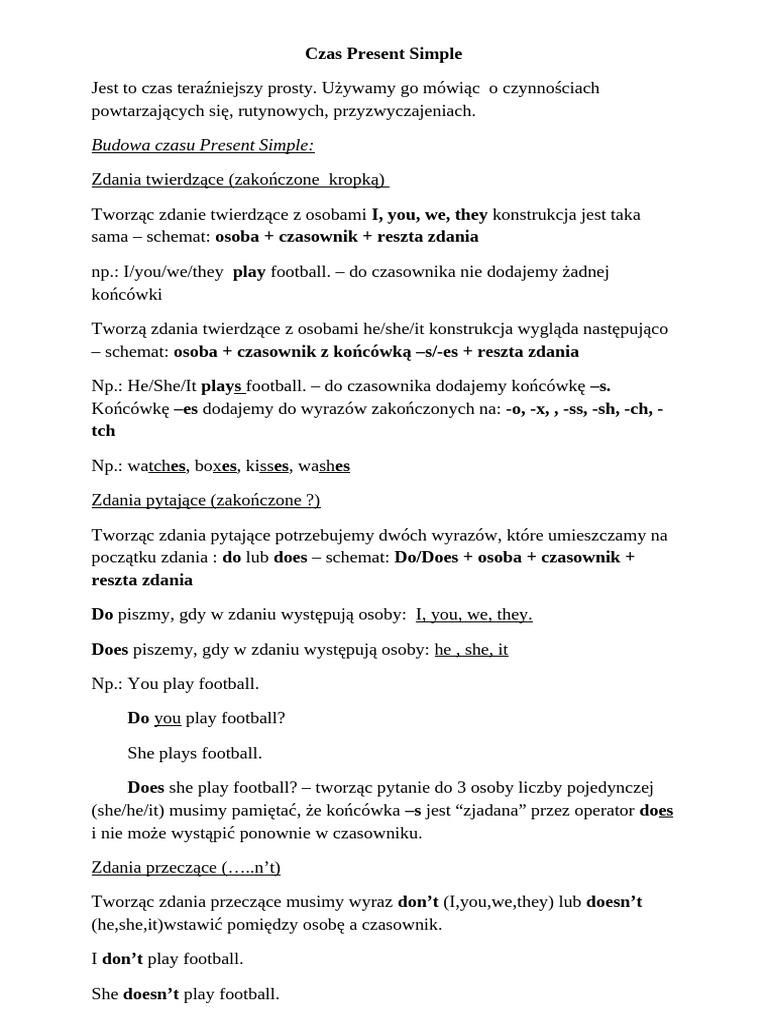 Czas Present Simple, Present Continuous, Past Simple - Notatka | PDF