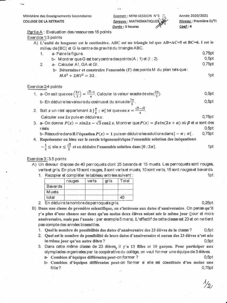 Coll La Retraite Mini Sess5 PC-TI Maths 2021-1 | PDF