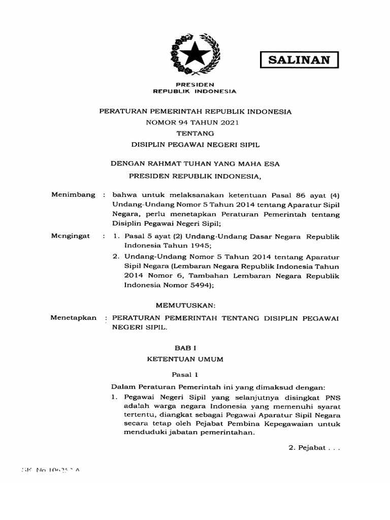 PP 94 Tahun 2021 Tentang Disiplin Pegawai | PDF